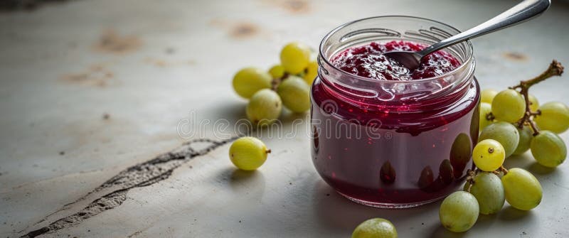 Red Grape Jam in Glass Jar with Spoon and Grapes Stock Image - Image of ...