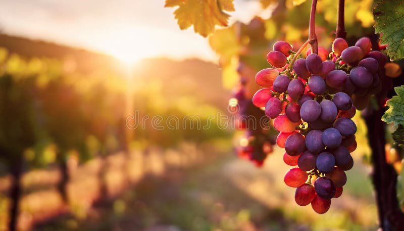 Red Grape Ripening in the Sun Rays on a Vineyard. Soft Sunset Light ...