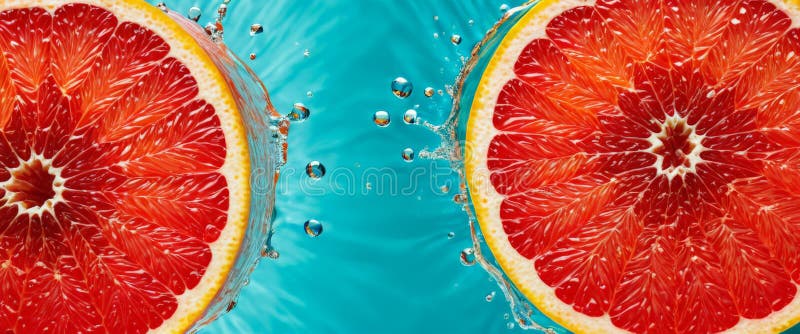 Red Grapefruit Halves Splashing in Vibrant Blue Water Stock Image ...