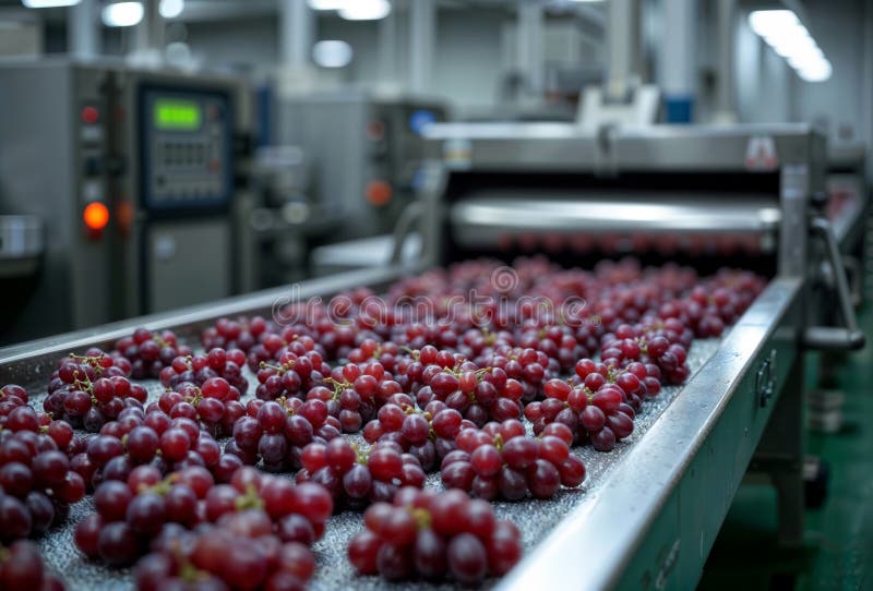 Red Grapes on Conveyor in Processing Plant, Generative Ai Stock ...