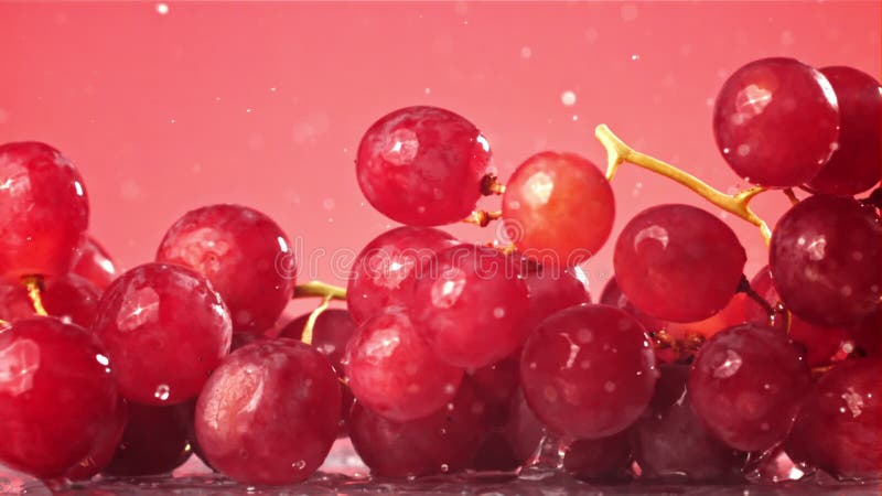 Red Grapes Fall with Splashes on a Wet Table. Filmed on a High-speed ...