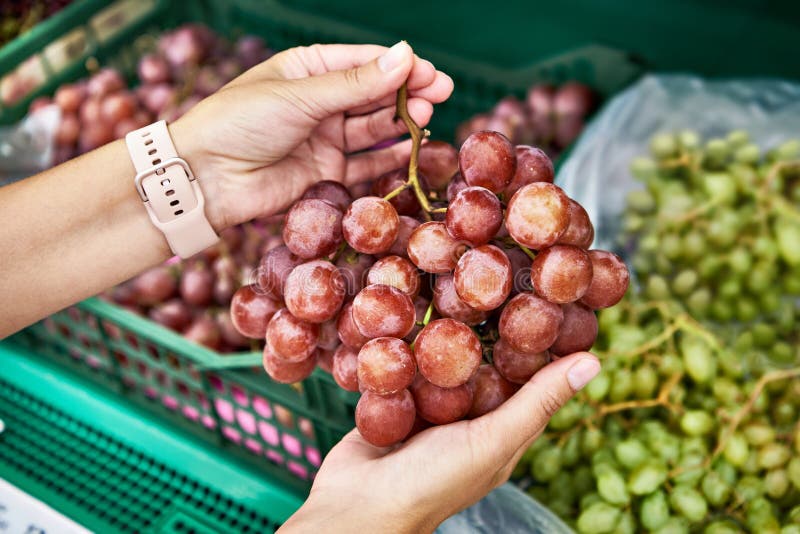 Red Grapes in Hands Buyer in Shop Stock Photo - Image of market, diet ...
