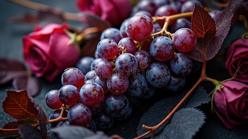 Red Grapes and Pink Roses with Dark Leaves on Rustic Surface Stock ...
