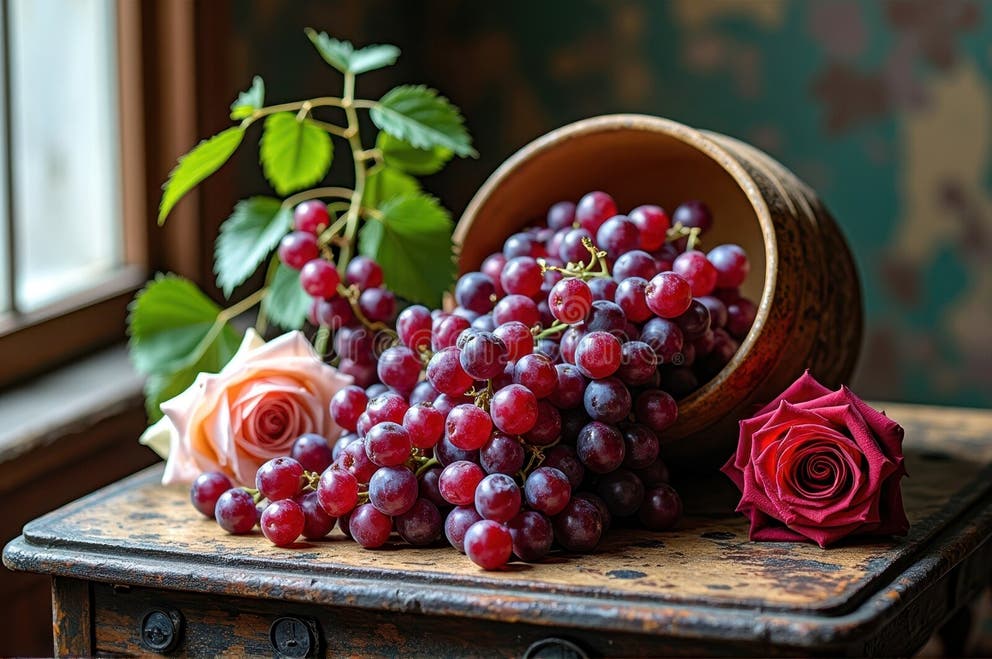 Red Grapes and Roses in Rustic Setting Near Window Stock Illustration ...