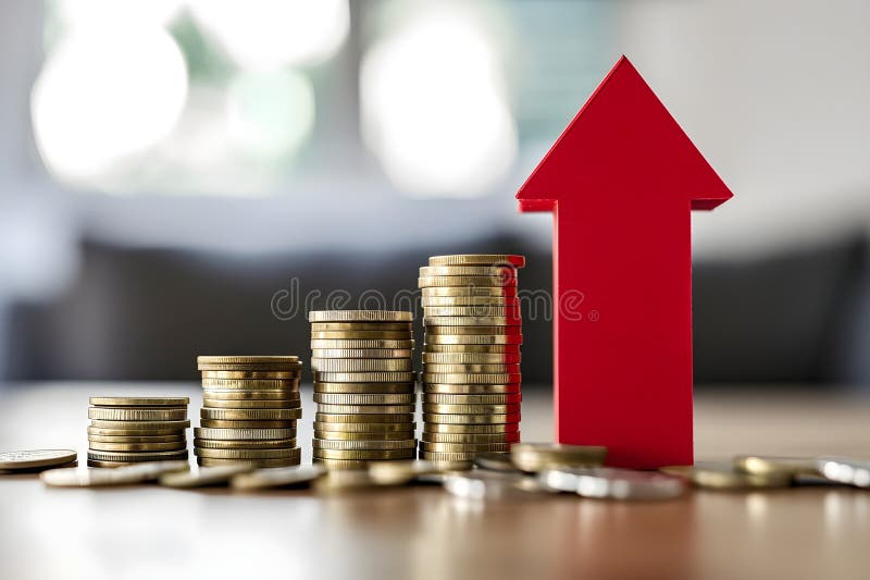 Red Graph Chart Rising Up on Stack Coins Stock Illustration ...