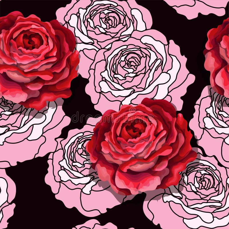 Red and Graphic Pink Roses Seamless Pattern. Vector Illustration. Stock ...