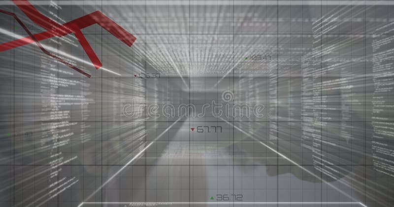 Red Graphs Moving Over Grid Network Against Multiple Screens with Data ...