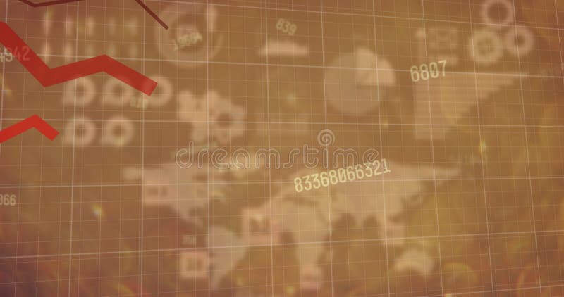 Red Graphs and Multiple Changing Numbers Over Statistical Data Processing and World Map Stock ...