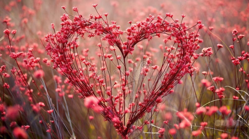 Red Grass with Spring-summer Flowers in Heart Shape Stock Photo - Image ...