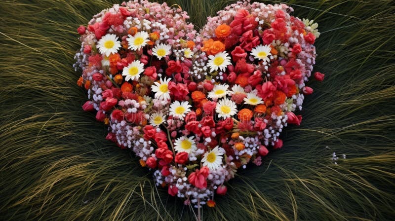 Red Grass with Spring-summer Flowers in Heart Shape Stock Photo - Image ...