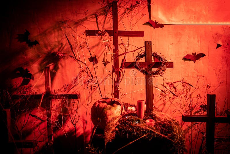 Red Grave Crosses. Horror Concept Stock Image - Image of castle, church ...