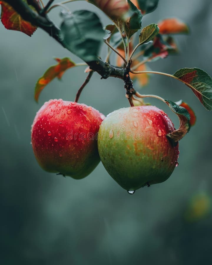 Red and Green Apple Hanging from a Branch Stock Image - Image of ...
