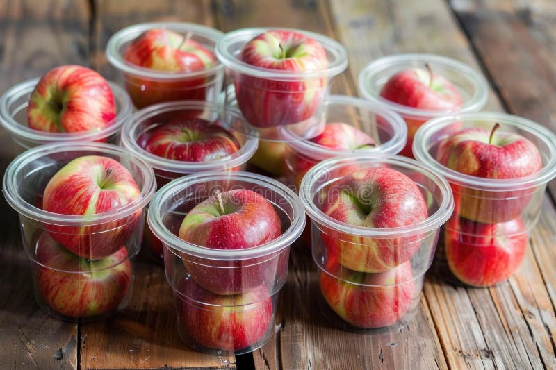 Fresh Apples in Plastic Packaging on Wooden Table Stock Photo - Image ...