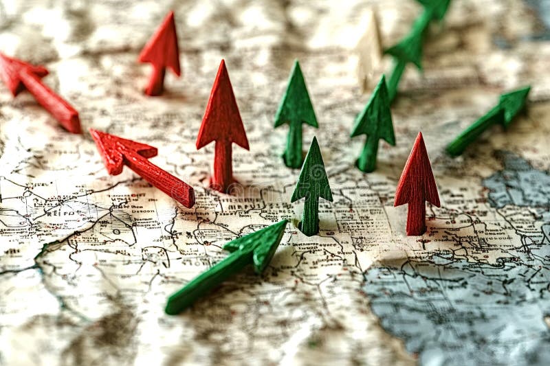 Red and Green Arrows Pointing in Different Directions on Vintage Map ...