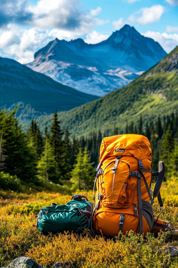 Green Backpack Rock Mountain Background Generative Ai Stock Photos ...
