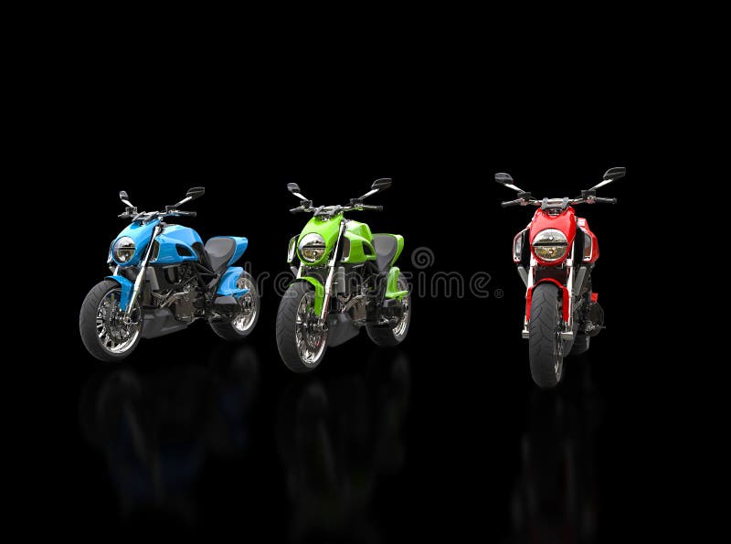 Red, Green and Blue Motorcycles - Front View Stock Illustration ...