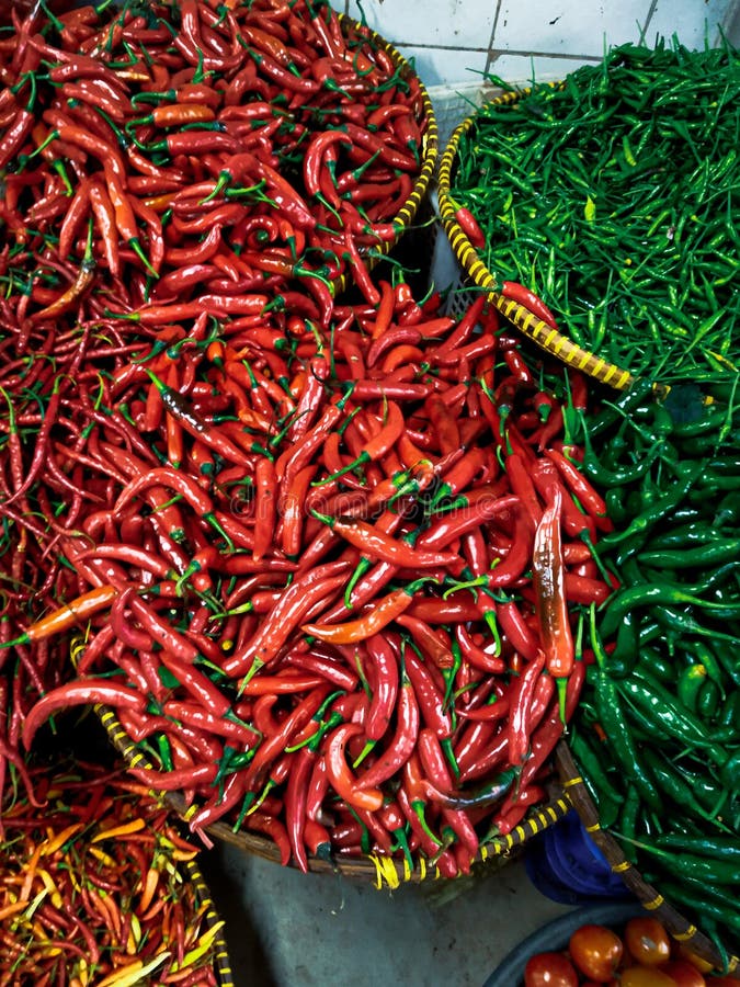 Red and Green Chili in Traditional Market Stock Photo - Image of green ...