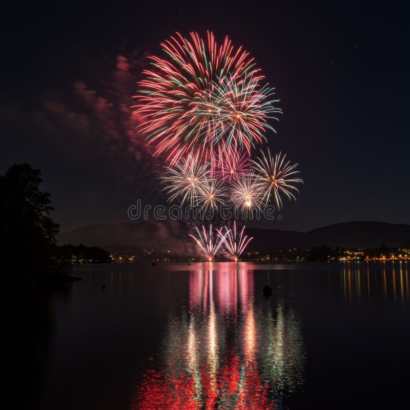 Red and Green Fireworks Display Over Dark Lake at Night Stock ...
