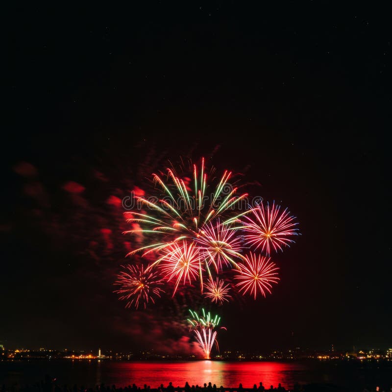 Red and Green Fireworks Display Over Water at Night Stock Illustration ...