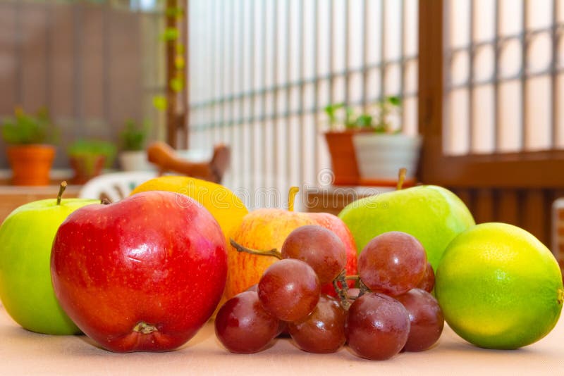 Fruits on the Table Close Up Stock Photo - Image of apple, group: 154221062