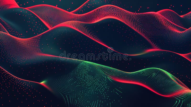 Red and Green Glowing Particles Form into a Wave Pattern on a Black ...