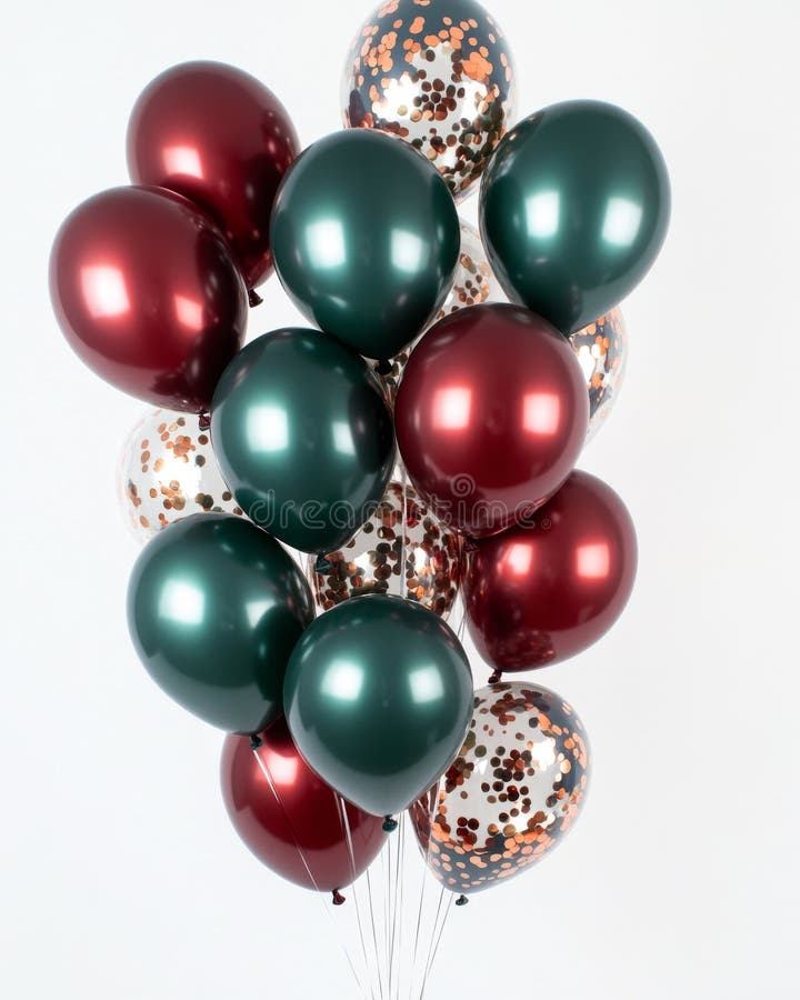 Red, Green, Gold, and Silver Balloons Arranged on a Marble Base Stock ...