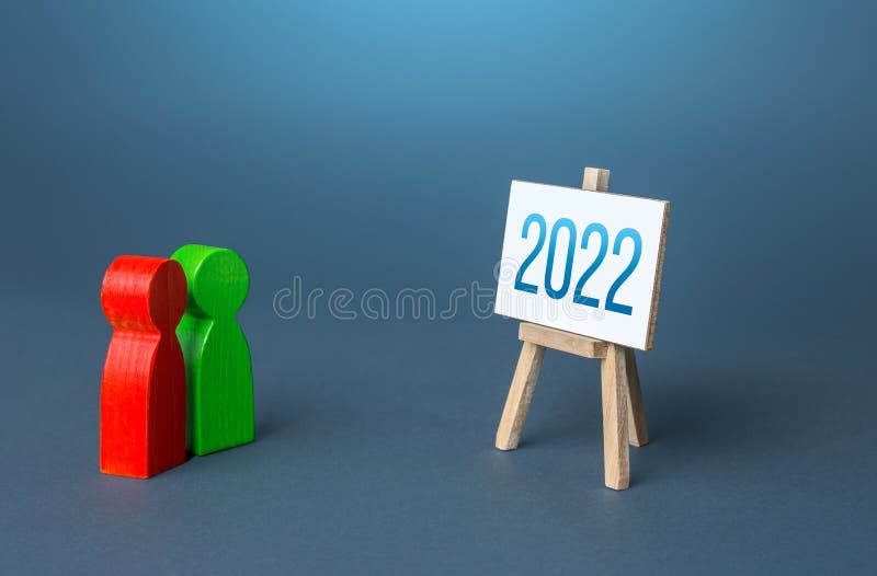 Red and Green People Look at Easel 2022 Year. Summing Up, Analytics and ...