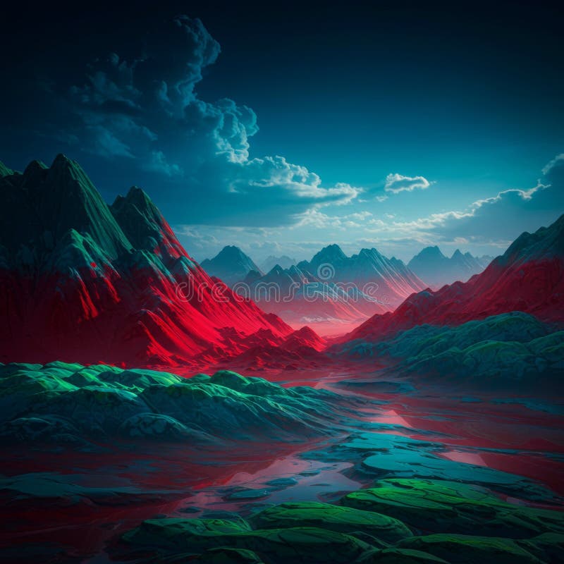 Red and Green Pixel Mountainscape at Sunset Stock Illustration ...