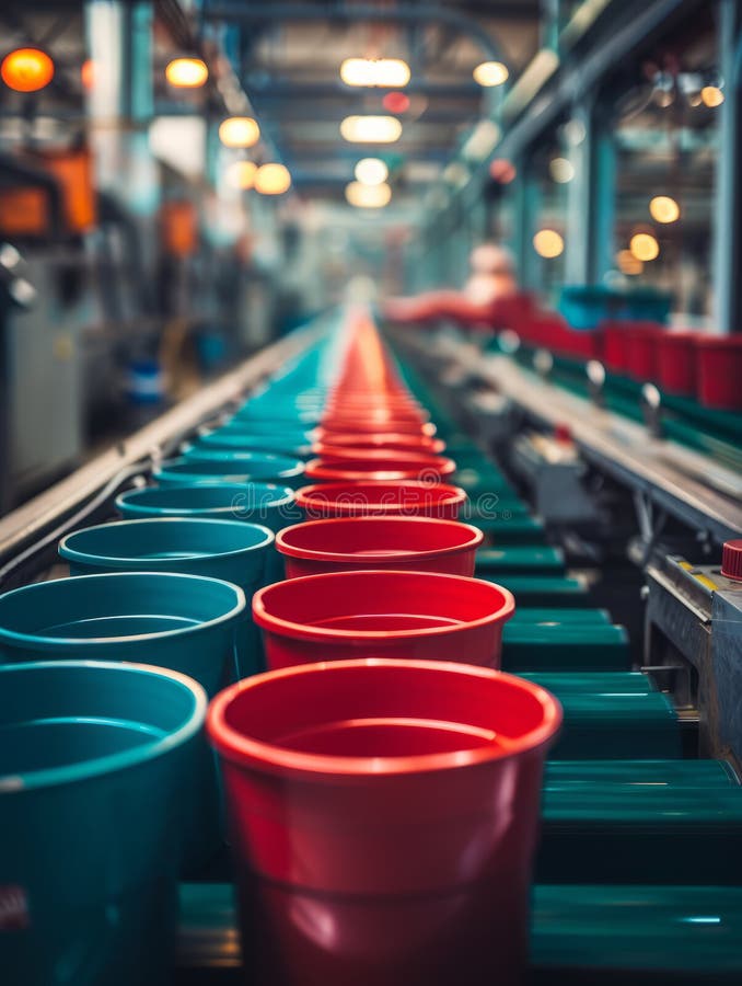 Red and Green Plastic Buckets on an Assembly Line in a Factory. Stock ...