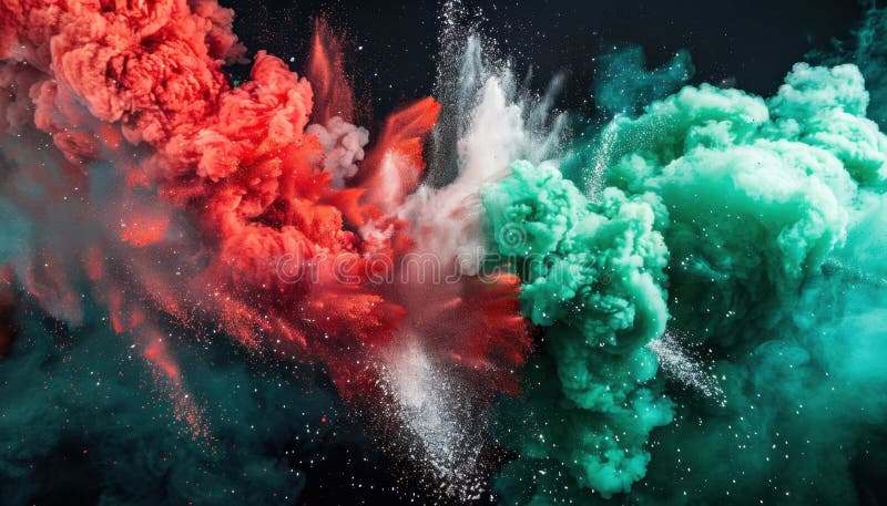Red, Green, and White Ink Exploding in Water Against a Black Background ...