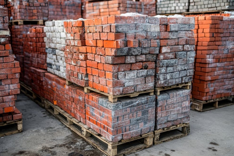 Red and Grey Bricks Wrapped in Plastic are Stacked and Ready for ...