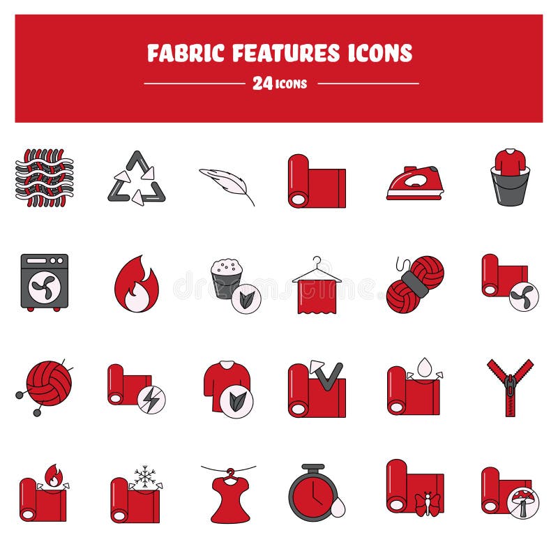 Red and Grey Fabric Features Icon Set in Flat Stock Illustration ...