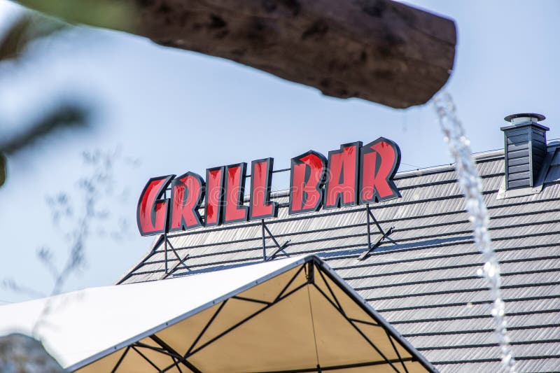 Red Grill Bar Sign on the Roof of Restaurant Editorial Image - Image of ...