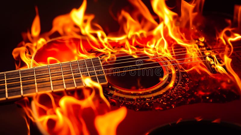 A Red Guitar with Flames on a Black Background Stock Photo - Image of ...