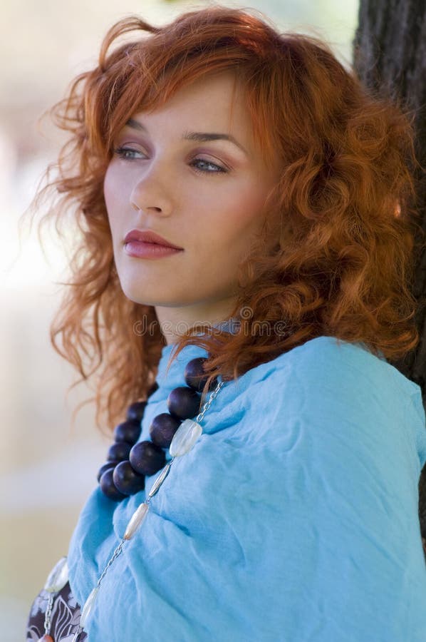 Red hair blue scarf stock image. Image of attractive, adult - 6586165