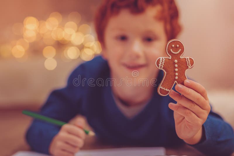 Red-haired Boy Showing Gingerbread Man while Drawing it Stock Image ...