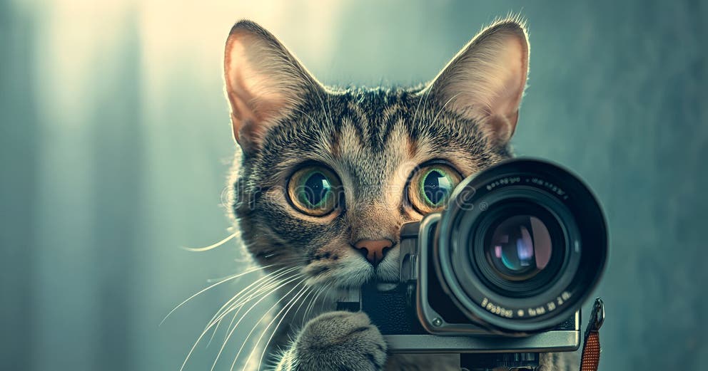 A Red-haired Cat with a Camera. he S a Photographer. Stock Illustration ...