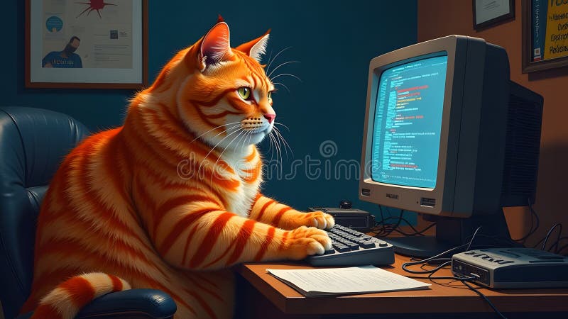 A Red-haired Cat is Sitting in Front of an Old Computer Monitor Stock ...