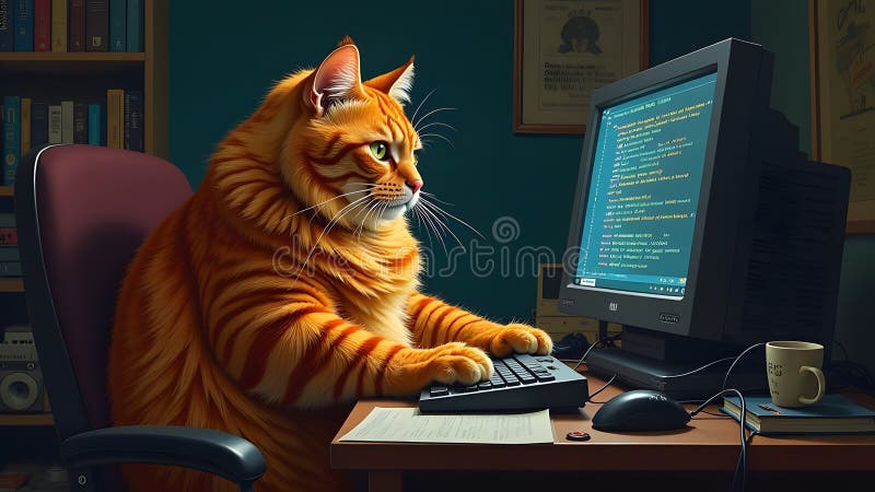 A Red-haired Cat is Sitting in Front of an Old Computer Monitor Stock ...