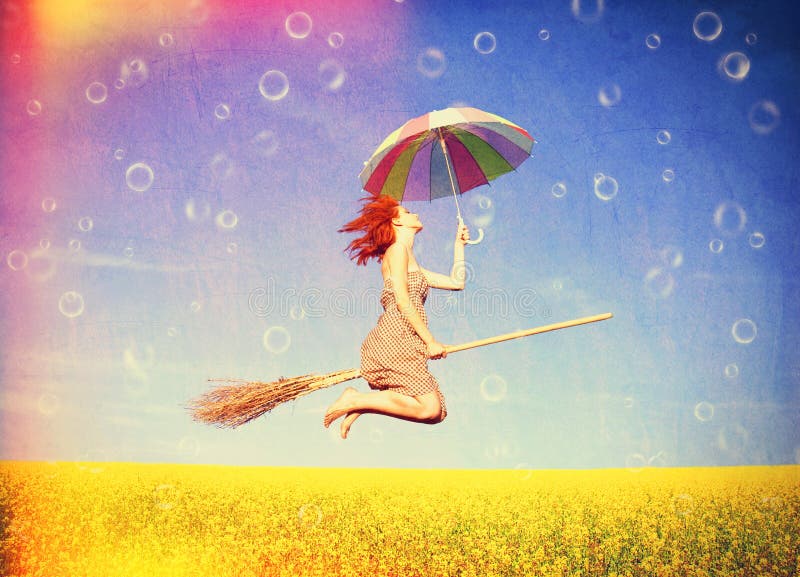 Girl Flying With An Umbrella Stock Photo - Image of umbrella, female ...