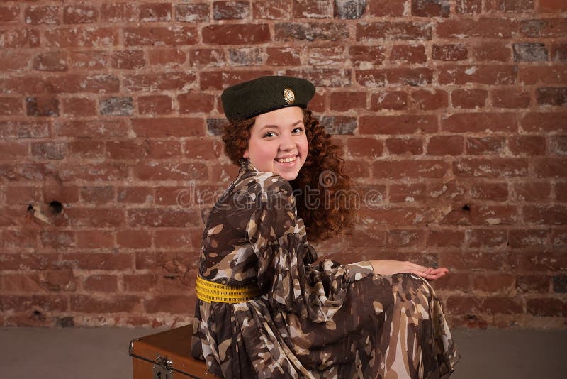 Red-haired Girl in Military Uniform, Smiles Stock Image - Image of ...