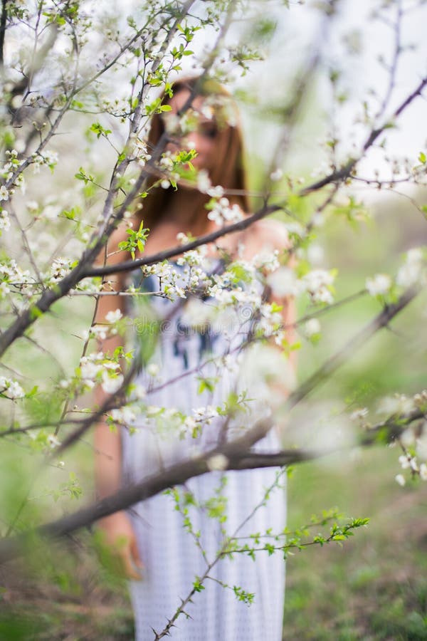 Red-haired Lady in Spring Orchard Stock Image - Image of flowers, lips ...