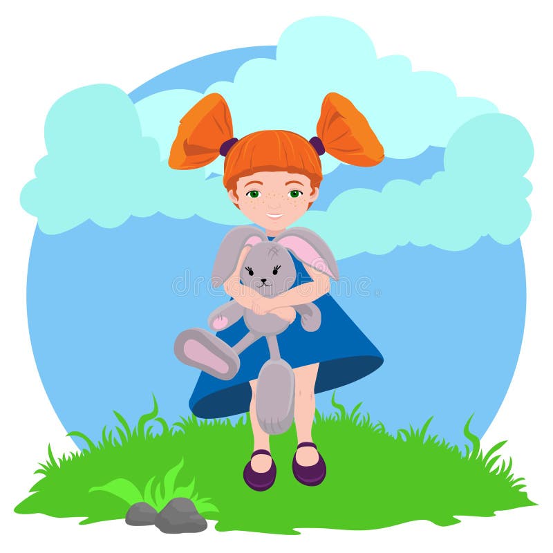 A Red-haired Little Girl with a Toy Rabbit Stock Vector - Illustration ...