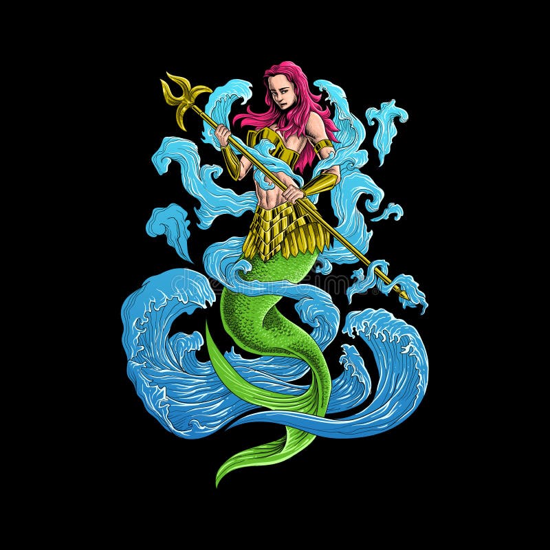 A Red Haired Mermaid Carrying a Spear Stock Illustration - Illustration ...