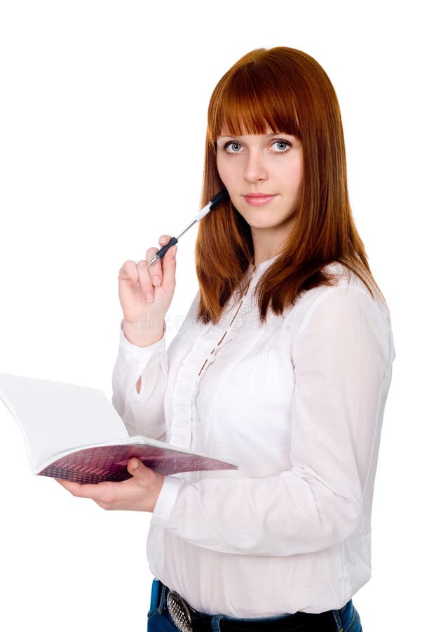 Red Haired Pensive Female Student Notebook Pen Stock Photos - Free ...