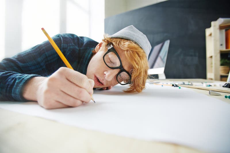 Red Haired Student Drawing with Full Concentration Stock Photo - Image ...