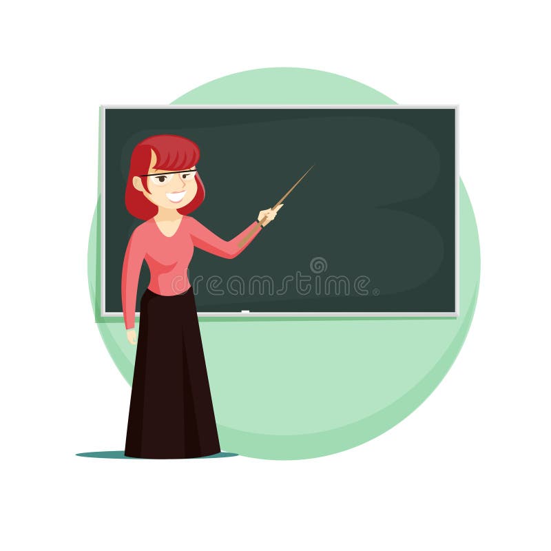 Red-haired Teacher Stands with a Pointer in the Classroom at the ...