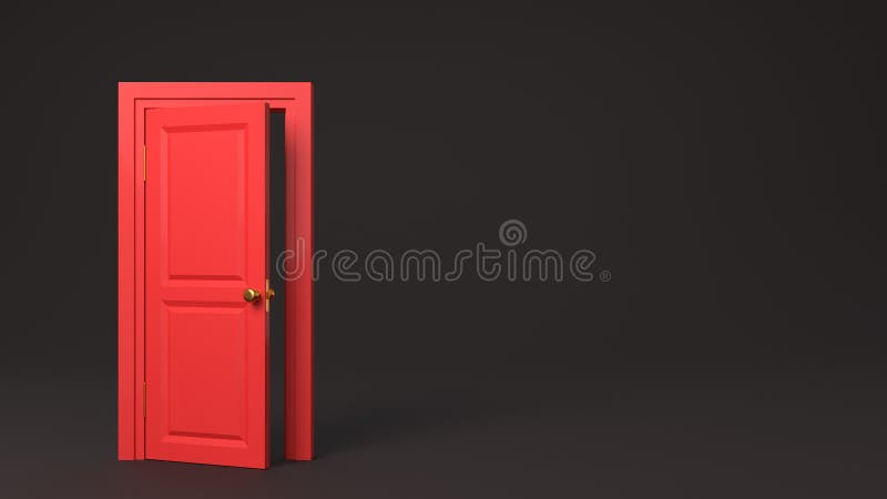 Red Half Open Door Frame in the Middle of the Room on Black Background ...