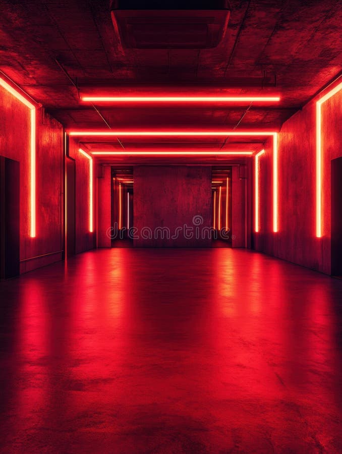 A Red Hallway with Neon Lights Stock Illustration - Illustration of ...
