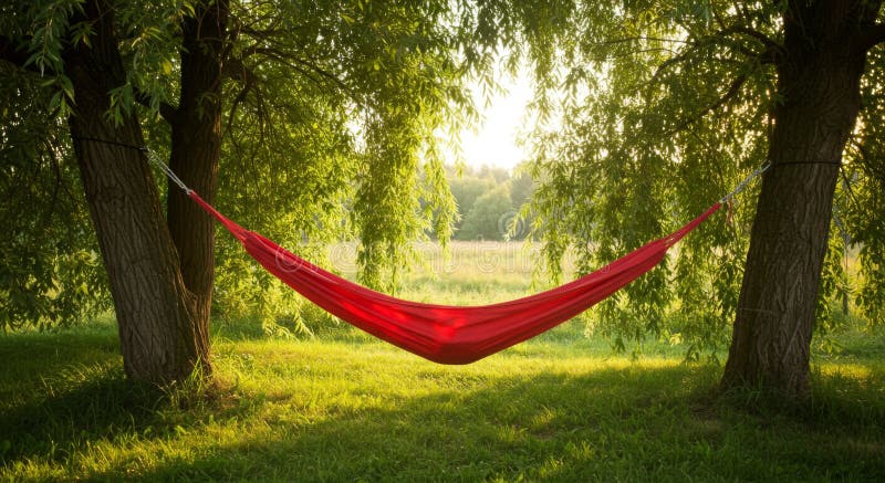 Red Hammock Hanging between Trees in Sunny Garden Stock Image - Image ...